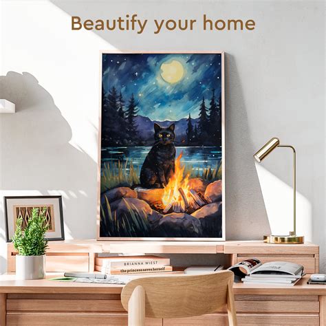 Moonlight Campfire Camping Cat Poster Black Cat Wall Art Retro Cat
