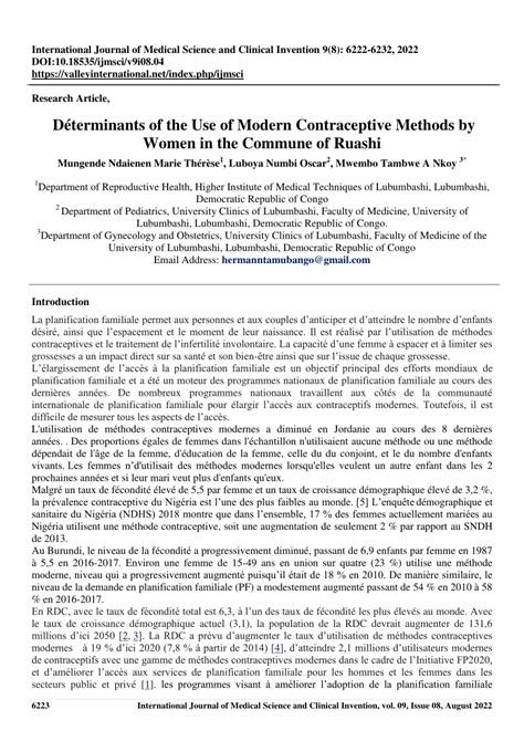 Pdf Déterminants Of The Use Of Modern Contraceptive Methods By Women In The Commune Of Ruashi