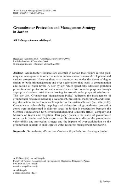 Pdf Groundwater Protection And Management Strategy In Jordan