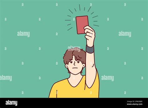 Man Football Referee Raises Hand With Red Card Suspended Football Player From Match Vector