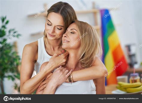 Lgbt Lesbian Couple Love Moments In The Kitchen Happiness Concept Stock