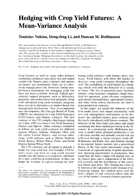 Pdf Hedging With Crop Yield Futures A Mean Variance Analysis