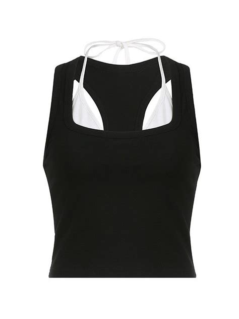 Emmiol Free Shipping 2023 Patchwork Halter Cropped Tank Top Black M In