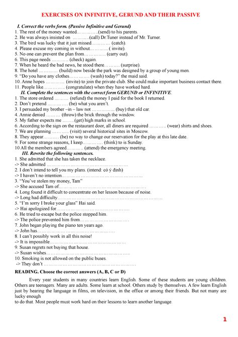 Passive Gerunds And Infinitives Exercises On Infinitive Gerund And