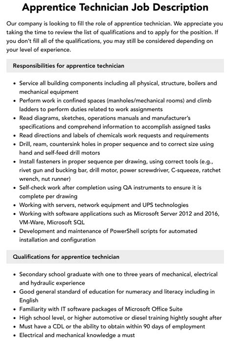 Apprentice Technician Job Description Velvet Jobs