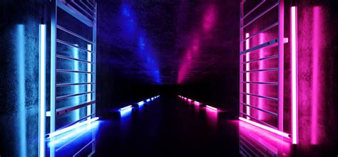 공상 과학 소설 네온 빛나는 보라색 파란색 활기찬 가상 현실 사이버 레이저 쇼 단계 긴 콘크리트 터널 복도 지 하 차고 홀 구조 금속 선박 3d 렌더링 0명에 대한 스톡