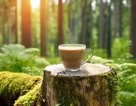 A Cup Of Hot Coffee On The Tree Stump In The Forest Stock Illustration Illustration Of Space