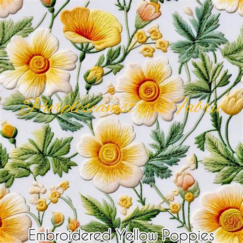 Faux Embroidered Yellow Poppies Purpleseamstress Fabric
