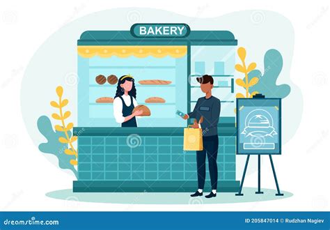 在小面包店购买新鲜面包的男顾客 向量例证 插画 包括有 新鲜 子项 系列 酥皮点心 内部 愉快 205847014
