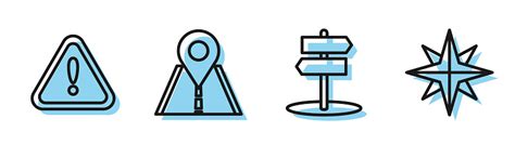 Set Line Road Traffic Sign Exclamation Mark In Triangle Road Traffic Sign And Wind Rose Icon