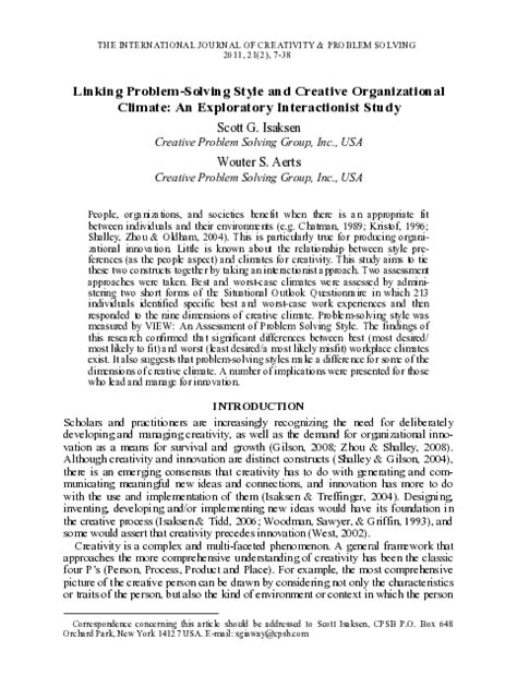 Pdf Linking Problem Solving Style And Creative Organizational Climate