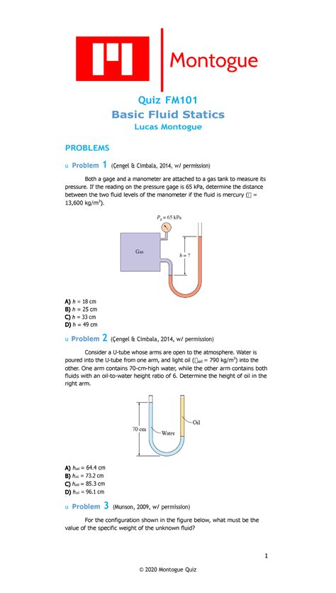 Basic Fluid Statics Solved Problems 1 © 2020 Montogue Quiz Quiz Fm