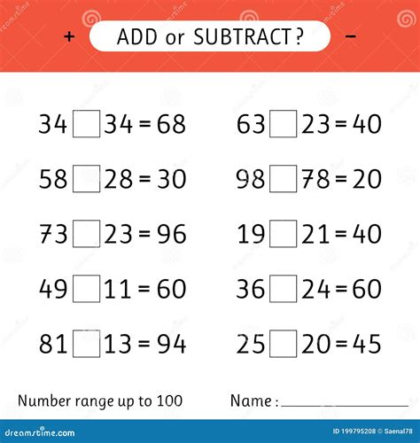 Add Or Subtract Number Range Up To 100 Mathematical Exercises