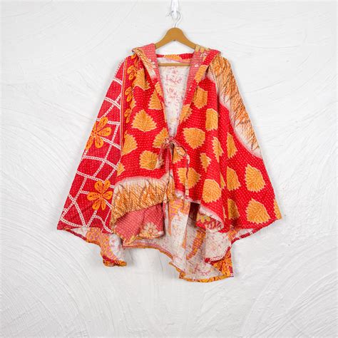 Kantha Mid Size Poncho Dress With Hood Cherry Red Love Protect Sustain