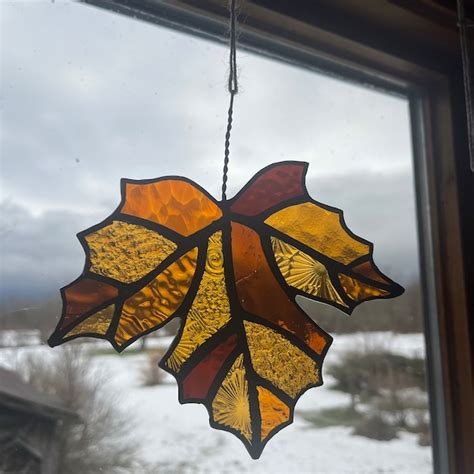 Stained Glass Maple Leaf Vintage Amber Glass Suncatcher Autumn Fall