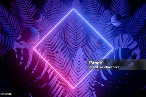 자외선 네온 조명 빈 프레임 야자수가있는 빛나는 터널 문3d 추상적 인 배경 0명에 대한 스톡 사진 및 기타 이미지 0명 3차원 형태 Led 조명 Istock