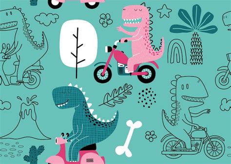 Padrão sem emenda dinossauro bonito andando de moto Vetor Premium