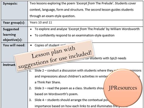 Excerpt From The Prelude Eduqas Poetry Two Gcse Lessons Teaching Resources