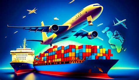 Airplane Is Flying Over Large Container Ship And Statue Of Man