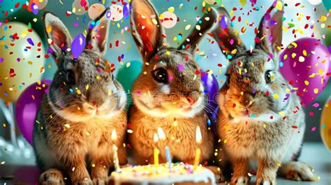 Three Rabbits Sitting Next To A Birthday Cake With Candles Stock
