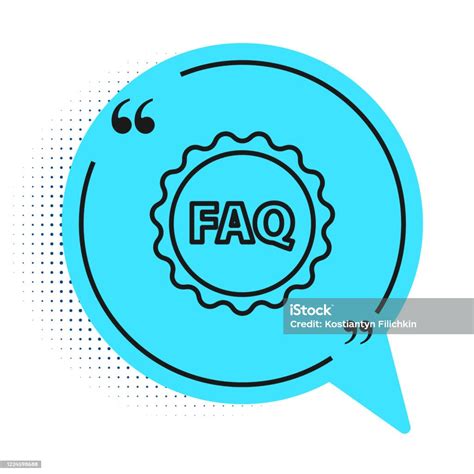 흰색 배경에 격리된 텍스트 Faq 정보 아이콘이 있는 검은색 선 레이블입니다 텍스트 Faq와 원 버튼 파란색 음성 풍선