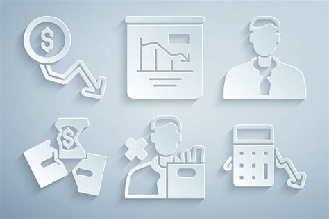 직원 해고 근로자 찢어지는 돈 지폐 비용 계산 파이 차트 인포그래픽 및 달러 환율 감소 아이콘을 설정합니다 벡터 3차원 형태에