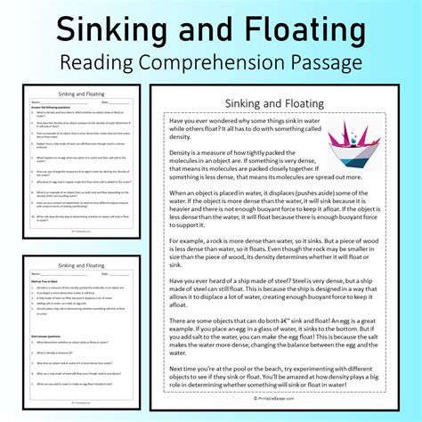 Sinking And Floating Reading Comprehension Passage Printable Workshe