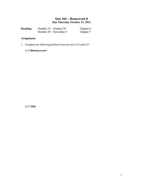 Stat 104 Homework 8 Due Thursday October 31 2013 Reading