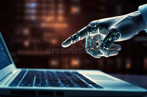 Hand Of Futuristic Robot Press The Button On Keyboard Conceptual Technology Design Stock