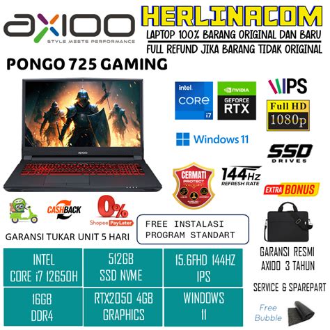 Jual Laptop Gaming Axioo Pongo 725 I7 12650h Rtx2050 4gb 16gb 512gb