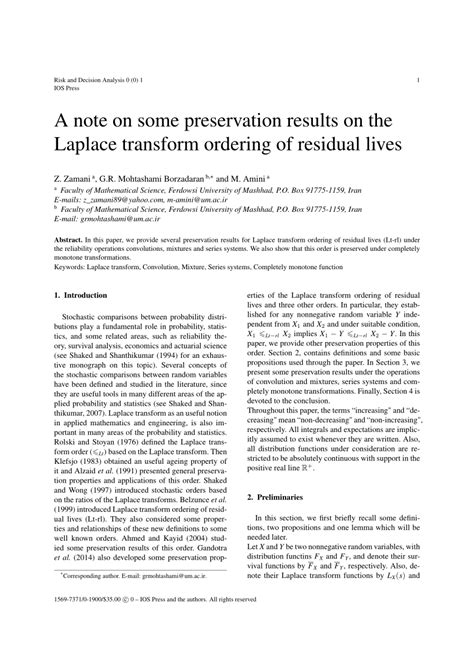 Pdf A Note On Some Preservation Results On The Laplace Transform Ordering Of Residual Lives