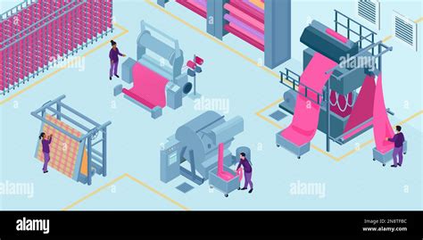 Isometric Textile Industry Composition With Indoor View Of Fabric Factory With Machine Units And