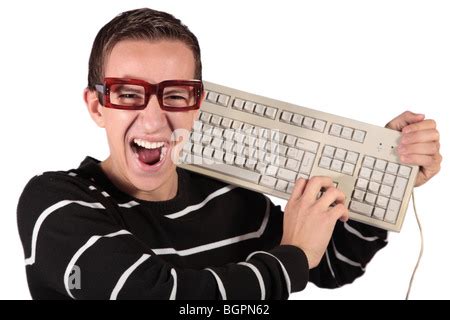 A Typical Nerd Holding A Keyboard All Isolated On White Background Stock Photo Alamy