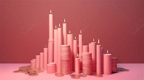 3d 촛대 및 쌓인 동전은 주식 시장의 하락 추세를 보여줍니다 분홍색 배경 3d 촛대 및 쌓인 동전은 주식 시장의 하락 추세를 보여줍니다 분홍색 배경 사진 3d