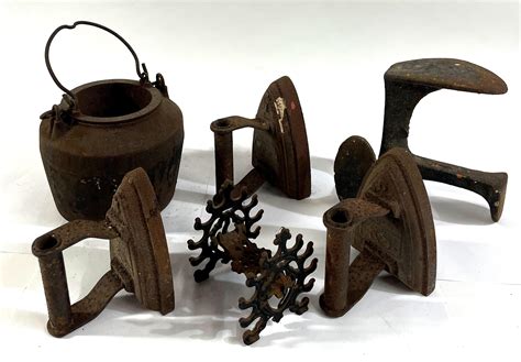Lot A Collection Of Vintage Cast Iron Objects Including A Billy Pot