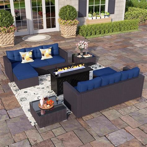 Phi Villa Black Rattan Wicker 6 Seat 7 Piece Steel Outdoor Fire Pit