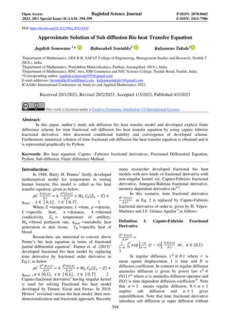 Pdf Approximate Solution Of Sub Diffusion Bio Heat Transfer Equation