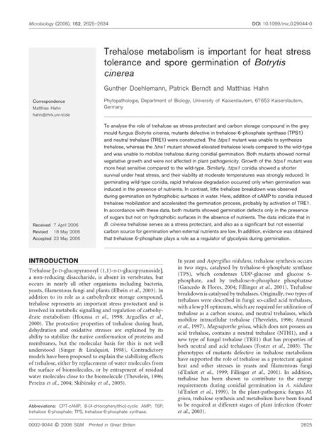 Pdf Trehalose Metabolism Is Important For Heat Stress Tolerance And