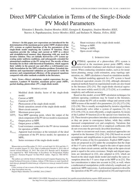 Pdf Direct Mpp Calculation In Terms Of The Single Diode Pv Model Parameters