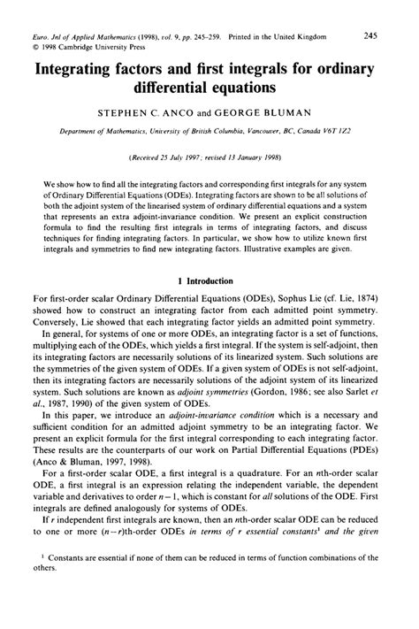 Pdf Integrating Factors And First Integrals For Ordinary Differential
