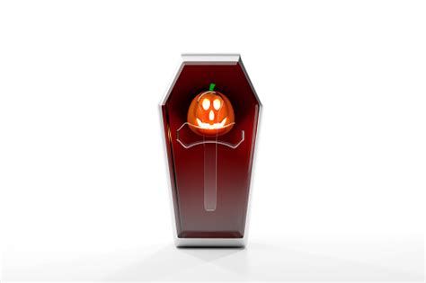 행복한 할로윈을위한 투명한 유리 관이있는 호박의 촛불 빛 개념 3d 일러스트 레이션 또는 3d 렌더링 10월에 대한 스톡 사진