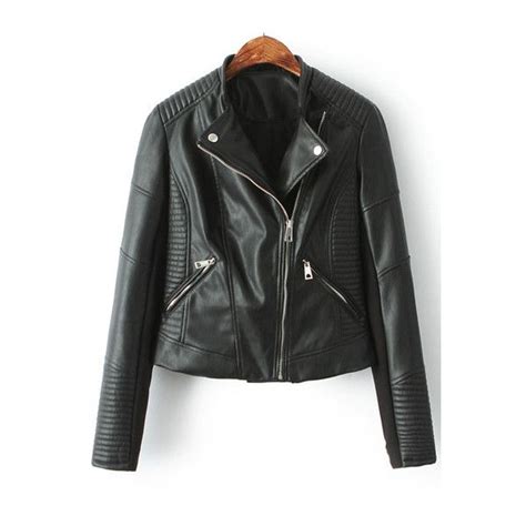 Black Stand Collar Oblique Zipper Crop Pu Jacket