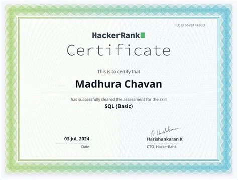 Passed Sql Basic On Hackerrank Madhura Chavan Posted On The Topic