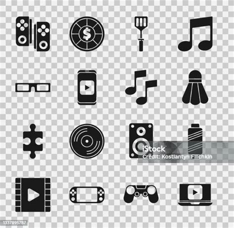 온라인 플레이 비디오 스풀에 바느질 스레드 배드민턴 셔틀콕 스파툴라 시네마 안경 게임 패드와 음악 노트 톤 아이콘을 설정합니다 벡터 0명에 대한 스톡 벡터 아트 및 기타