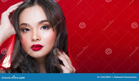 Asian Tanned Skin Woman With Strong Color Red Lips Stock Image Image