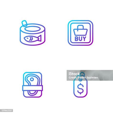 달러 고기 포장 스테이크 통조림 생선 및 구매 버튼으로 라인 가격 태그를 설정합니다 그라데이션 색상 아이콘입니다 벡터 0명에