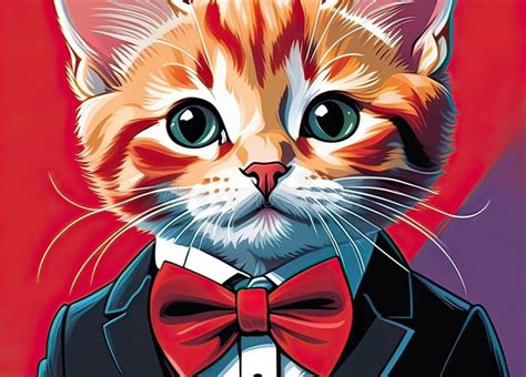 Abstract Portrait Of A Red Ginger Kitten Wearing A Tuxedo And Bow Tie