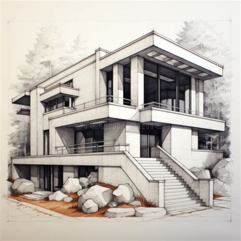 Pencil Sketch Of An Asian Inspired Bungalow With Muted Colorscape