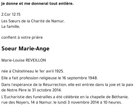 Avis De Décès De Marie Louise Reveillon Décédé Le 31102014 à Namur