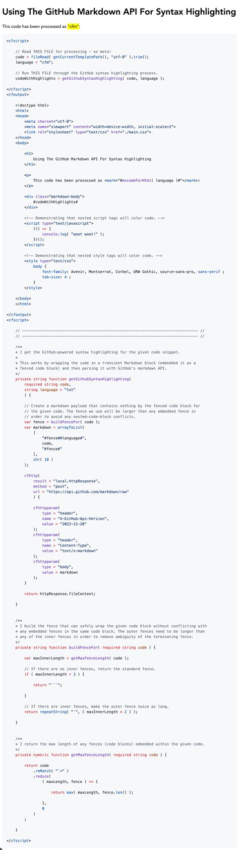 Using The Github Markdown Api To Apply Syntax Highlighting In Coldfusion